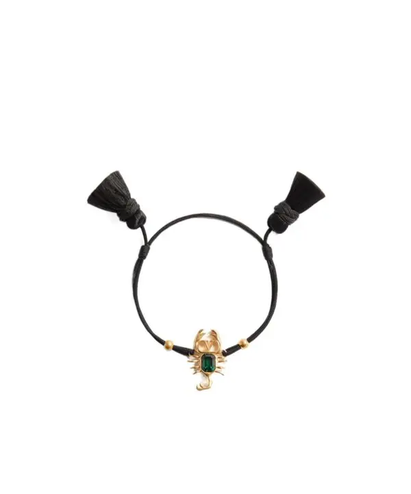 Valentino Garavani Gardienne Bracelet In Metal, Crystal, And Rope With Tassels - Bronze/emerald/black