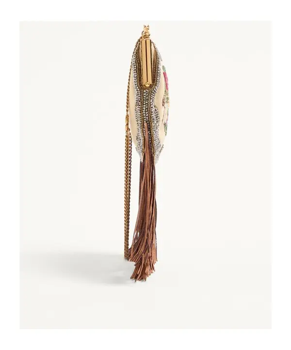Valentino Garavani Gold Tone Triumph Embroidery Bag With Chain Strap And Fringe