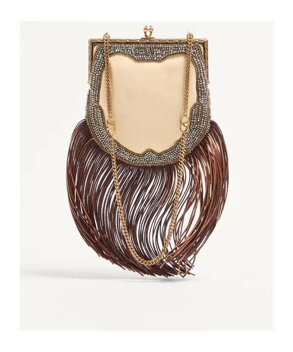 Valentino Garavani Gold Tone Triumph Embroidery Bag With Chain Strap And Fringe