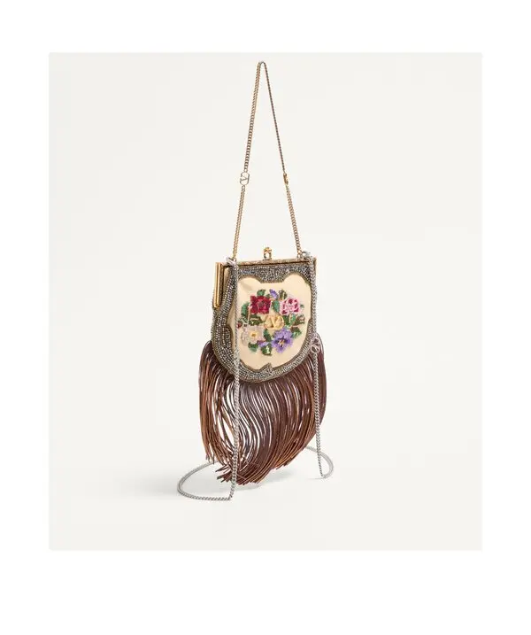 Valentino Garavani Gold Tone Triumph Embroidery Bag With Chain Strap And Fringe