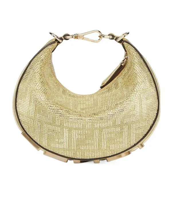 Fendi Champagne-coloured Suede Mini-bag With Ff In Crystals And Studs - : Gold