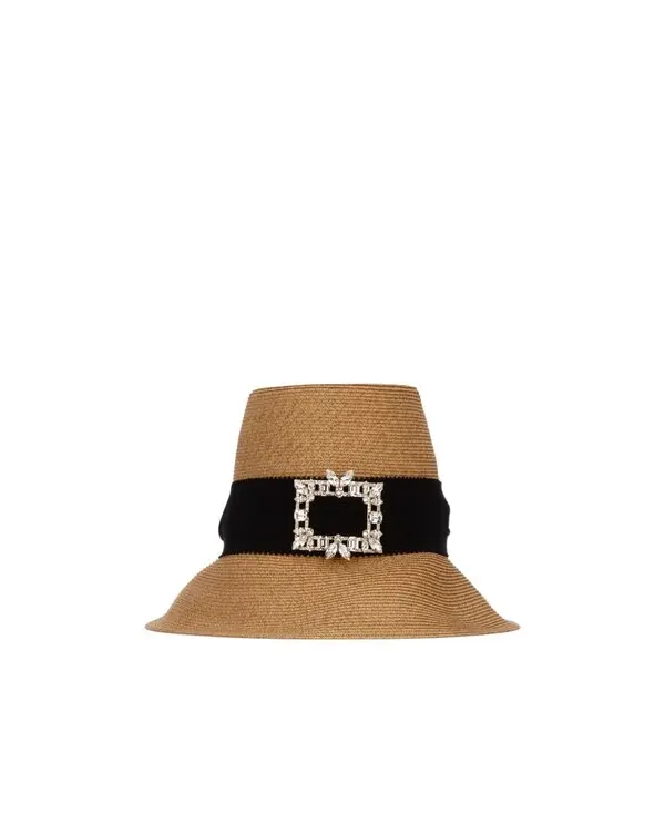 ROGER VIVIER Crystal Buckle Straw Hat - Brown