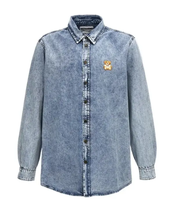 Moschino Teddy Logo Embroidered Buttoned Denim Shirt - Blue