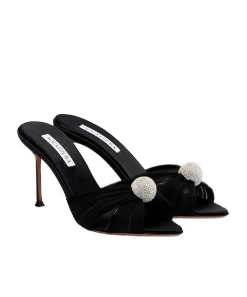 AQUAZZURA Embellished Satin Mules With Leather Trim - Black