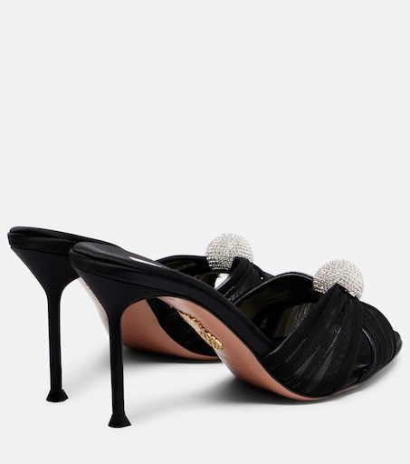 AQUAZZURA Embellished Satin Mules With Leather Trim - Black