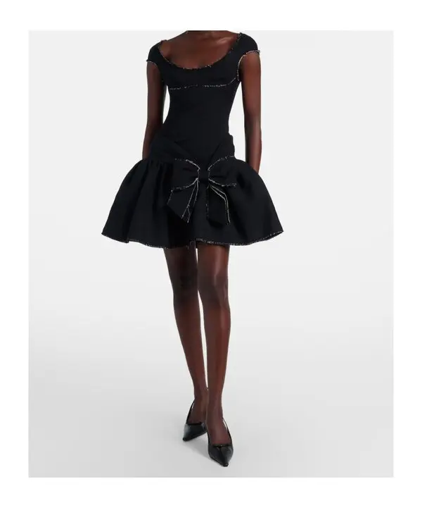 SHUSHU/TONG Bow-detail Distressed Tweed Minidress