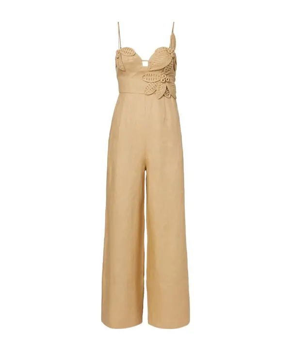 Farm Rio Floral-appliqué Linen Jumpsuit