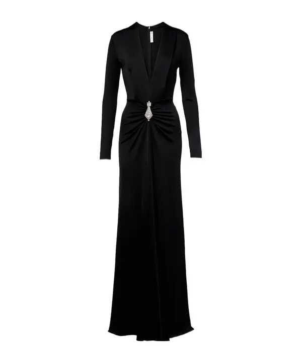 Victoria Beckham Elegant Pleated Crepe Gown With Crystal Brooch