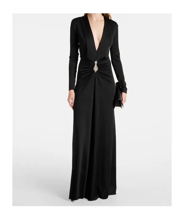Victoria Beckham Elegant Pleated Crepe Gown With Crystal Brooch