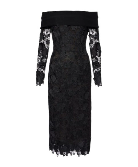 Oscar De La Renta Orchid Floral Guipure Midi Dress - Black