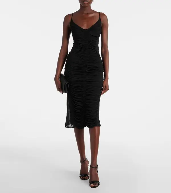 MUGLER Pleated Mesh Midi Dress