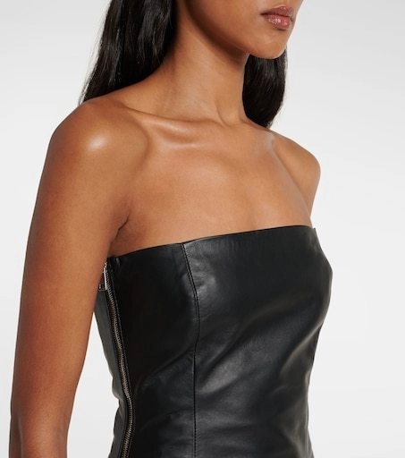 Attico Draped Strapless Leather Midi Dress