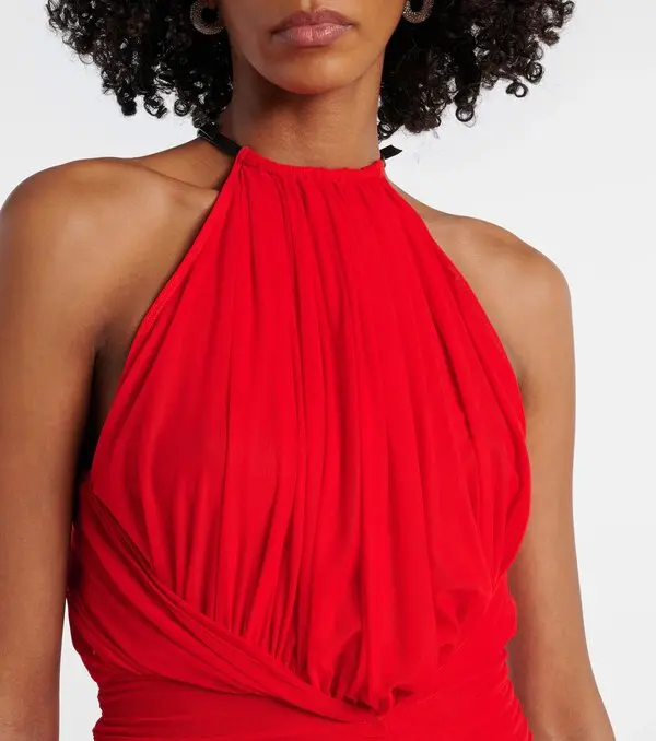 MUGLER Pleated Neckline Midi Dress