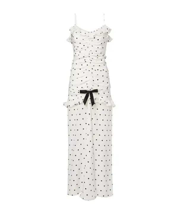 Alessandra Rich Ruched Polka-dot Silk Maxi Dress - White/navy Blue
