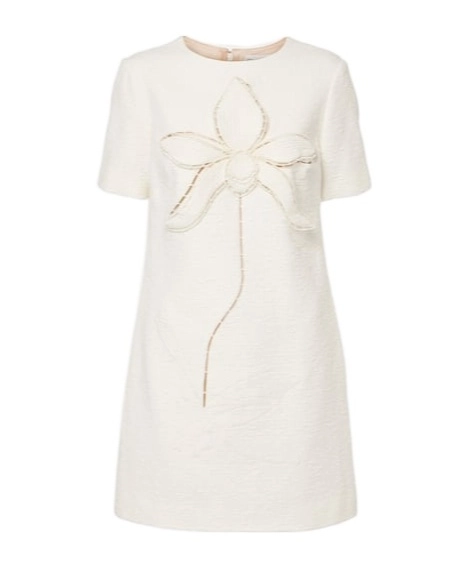 Oscar De La Renta Orchid Embroidered Cotton Tweed Shift Dress - White