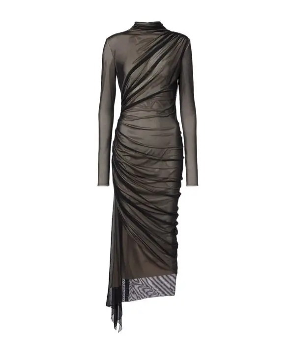 MUGLER Asymmetric Mesh Long Dress - Black