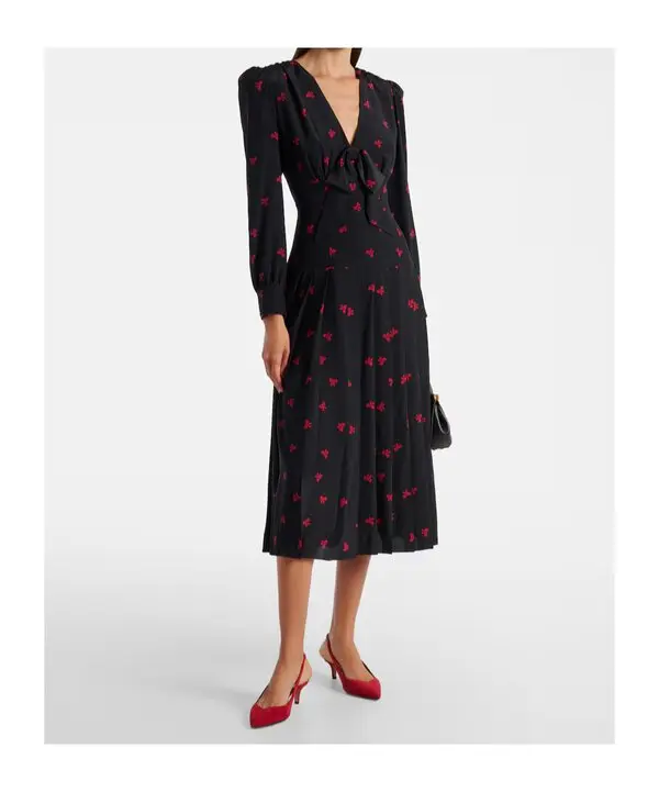 Alessandra Rich Printed Silk Midi Dress With Bow Detail