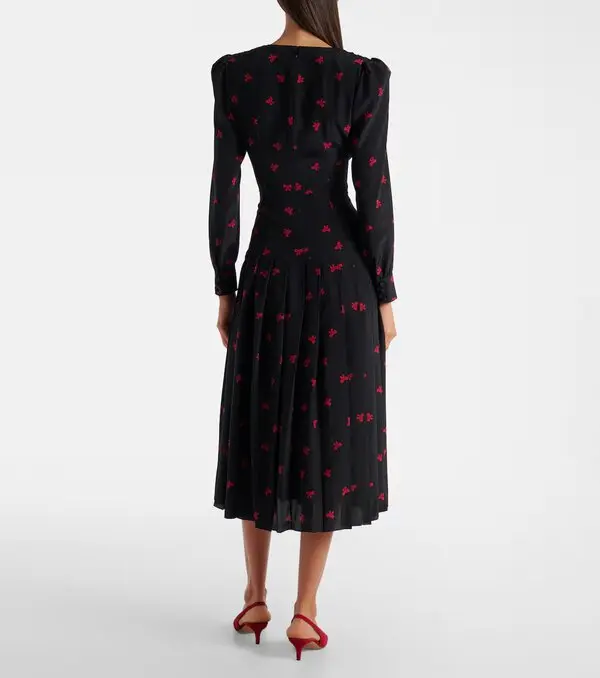 Alessandra Rich Printed Silk Midi Dress With Bow Detail