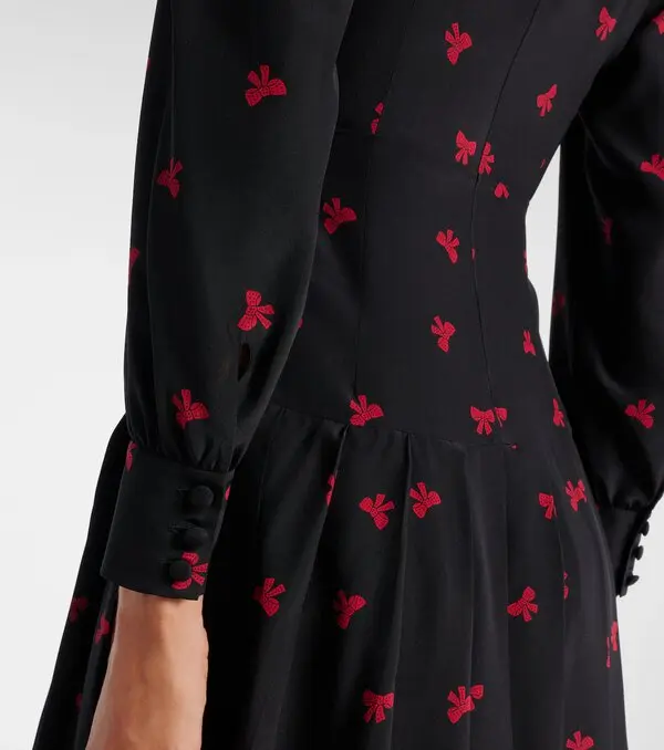 Alessandra Rich Printed Silk Midi Dress With Bow Detail