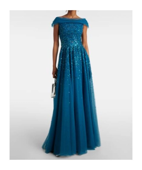 Jenny Packham Off-shoulder Crystal Embellished Gown - Blue