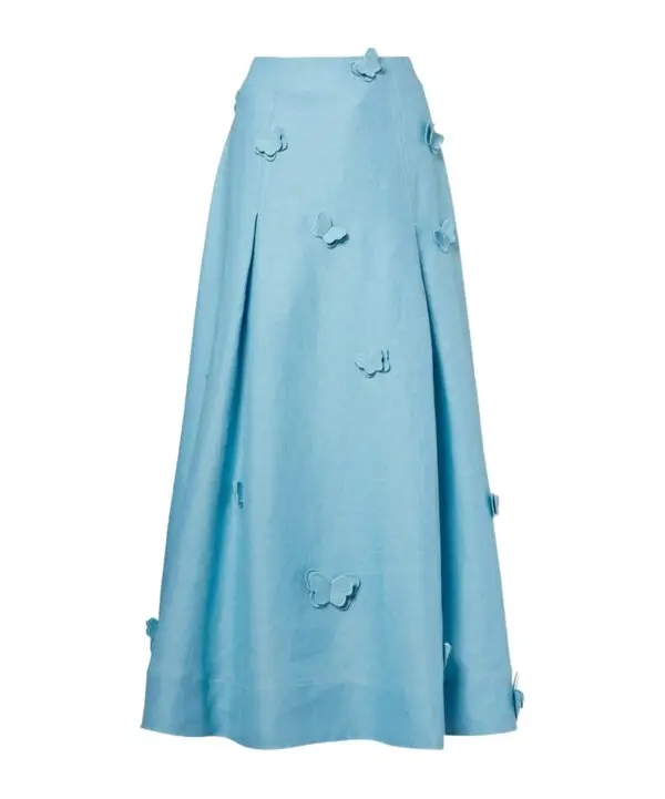 Farm Rio Patch-appliqué Linen Midi Skirt - Blue