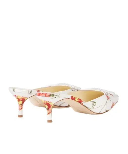 Manolo Blahnik Floral Satin Mule Sandals With Rhinestone Buckles