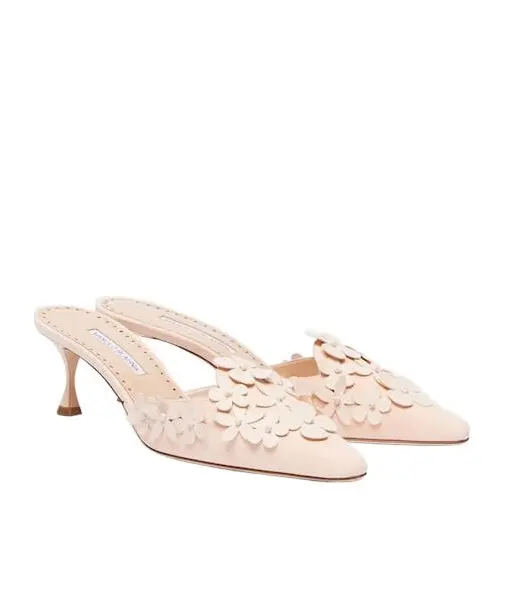 Manolo Blahnik Floral-appliqué Suede Mules