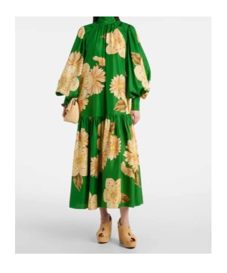 ALEMAIS Sage Floral Silk Midi Dress