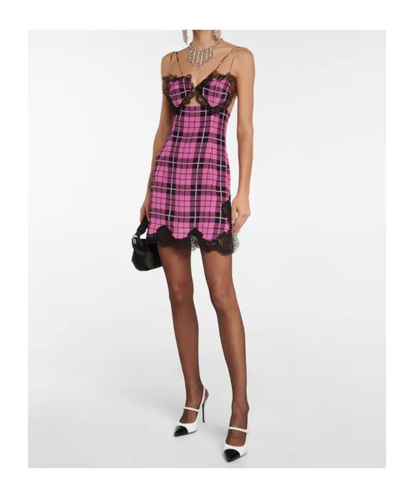 Alessandra Rich Lace-trimmed Checked Silk Minidress
