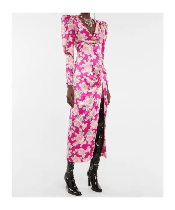 Alessandra Rich Floral Draped Silk Satin Maxi Dress