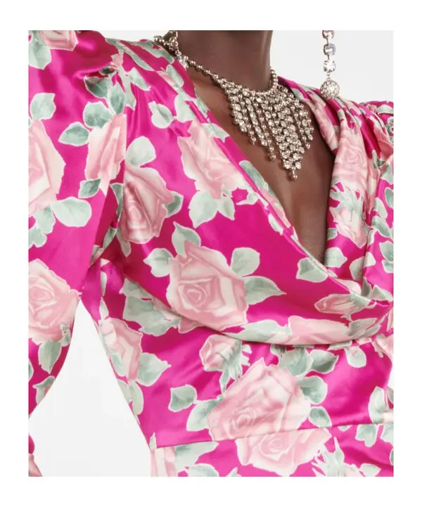 Alessandra Rich Floral Draped Silk Satin Maxi Dress