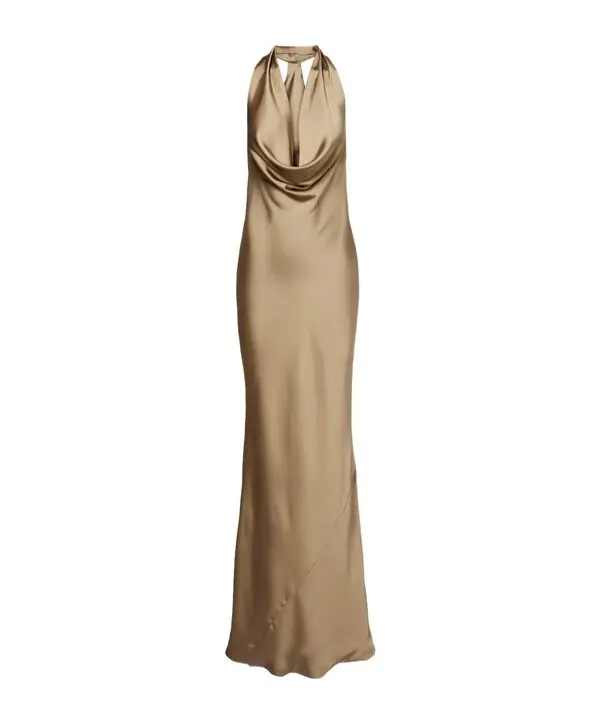 Norma Kamali Draped Halterneck Satin Gown - Nude