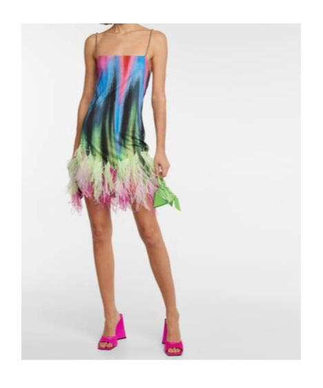 Attico Fujiko Feather-trimmed Printed Minidress