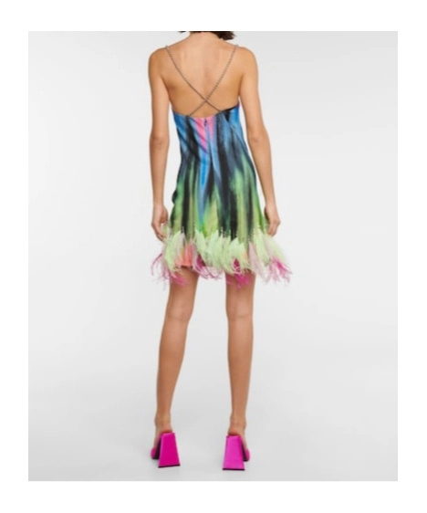 Attico Fujiko Feather-trimmed Printed Minidress