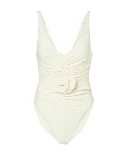 Magda Butrym Floral-appliqué Ruched Swimsuit - White