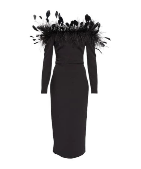 SAFIYAA LONDON Feather-trimmed Bardot Neck Midi Dress