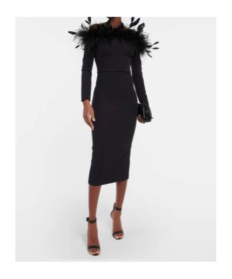 SAFIYAA LONDON Feather-trimmed Bardot Neck Midi Dress