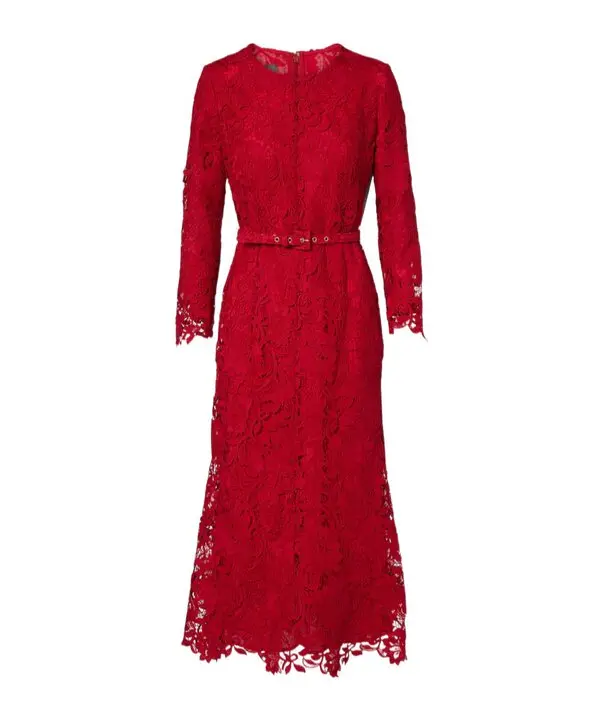 Monique Lhuillier Belted Lace Midi Dress - Red