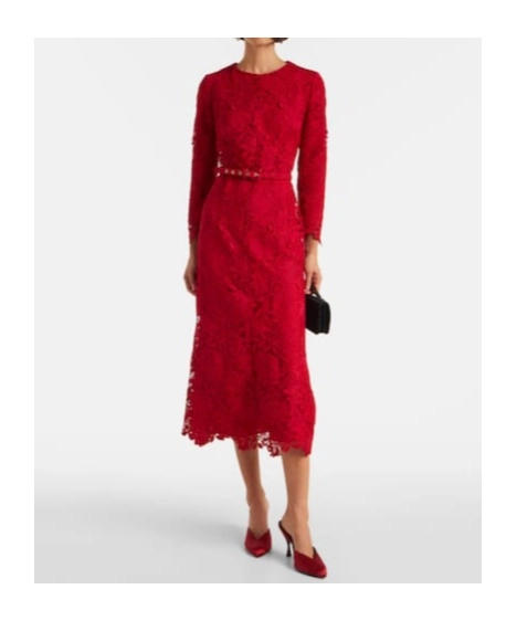 Monique Lhuillier Belted Lace Midi Dress
