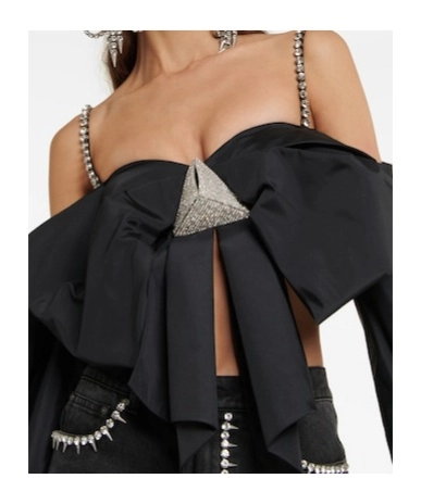AREA Embellished Off-shoulder Taffeta Top