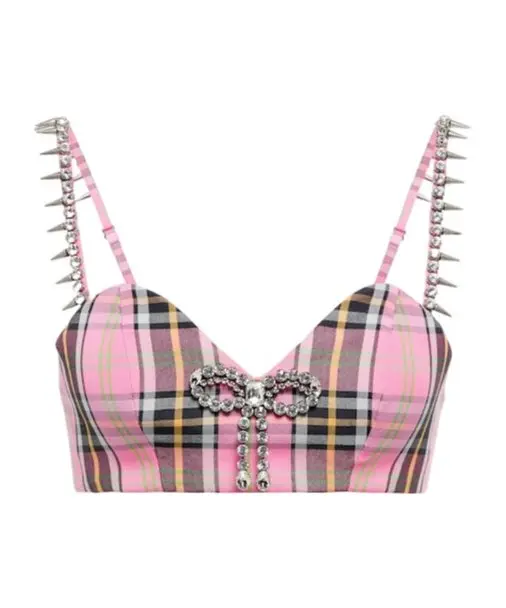AREA Embellished Cropped Plaid Corset Top