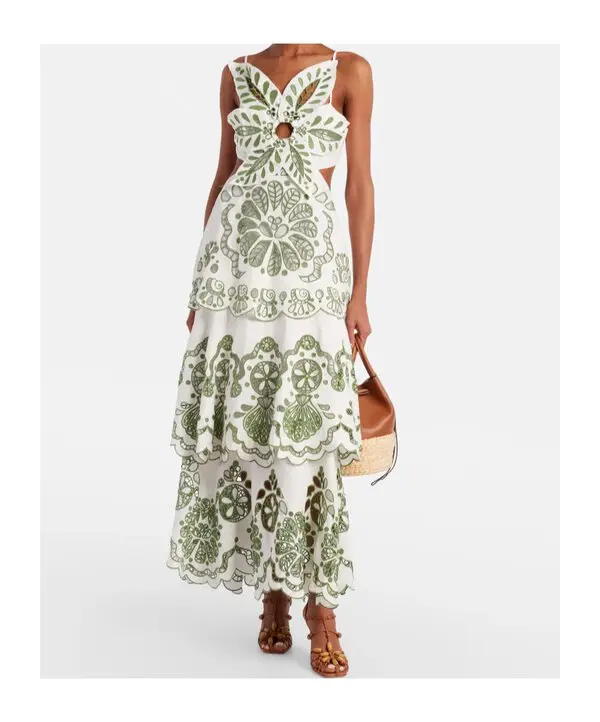 Farm Rio Layered Linen Maxi Dress With Floral Embroidery