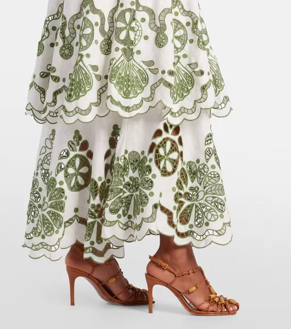 Farm Rio Layered Linen Maxi Dress With Floral Embroidery