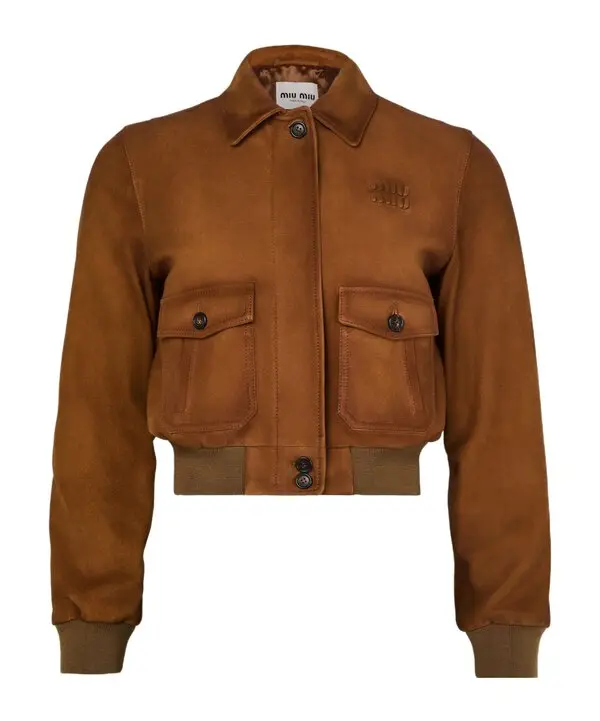 Miu Miu Cropped Suede Bomber Jacket With Flap Pockets - Brown