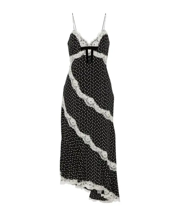 Alessandra Rich Lace-trimmed Polka-dot Silk Midi Dress - Black