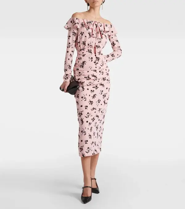 Alessandra Rich Floral Off-shoulder Silk Midi Dress - Light Pink