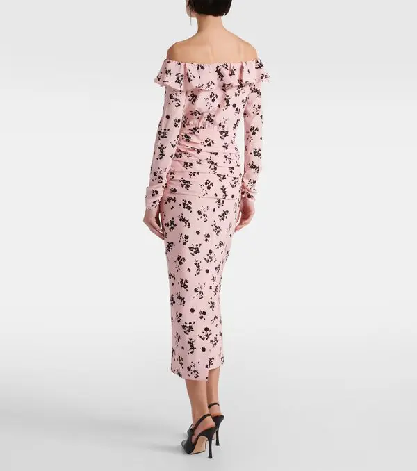 Alessandra Rich Floral Off-shoulder Silk Midi Dress - Light Pink