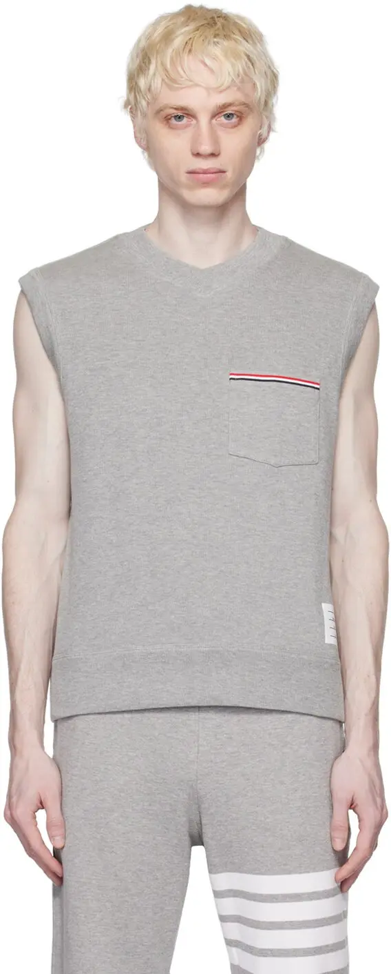 Thom Browne Grey Cotton Vest With Striped Pocket