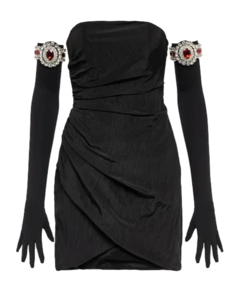 David Koma Sleeveless Ruched Moir Mini Dress With Embellished Gloves