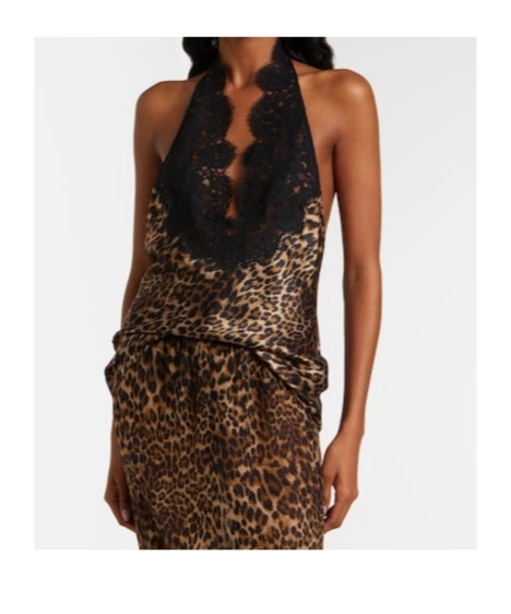 NILI LOTAN Teo Leopard-print Silk Satin Halterneck Top With Lace Trim - Black